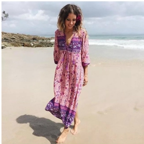 Dresses | Boho Gypsy Floral Print Purple Mix Maxi Dress | Poshmark